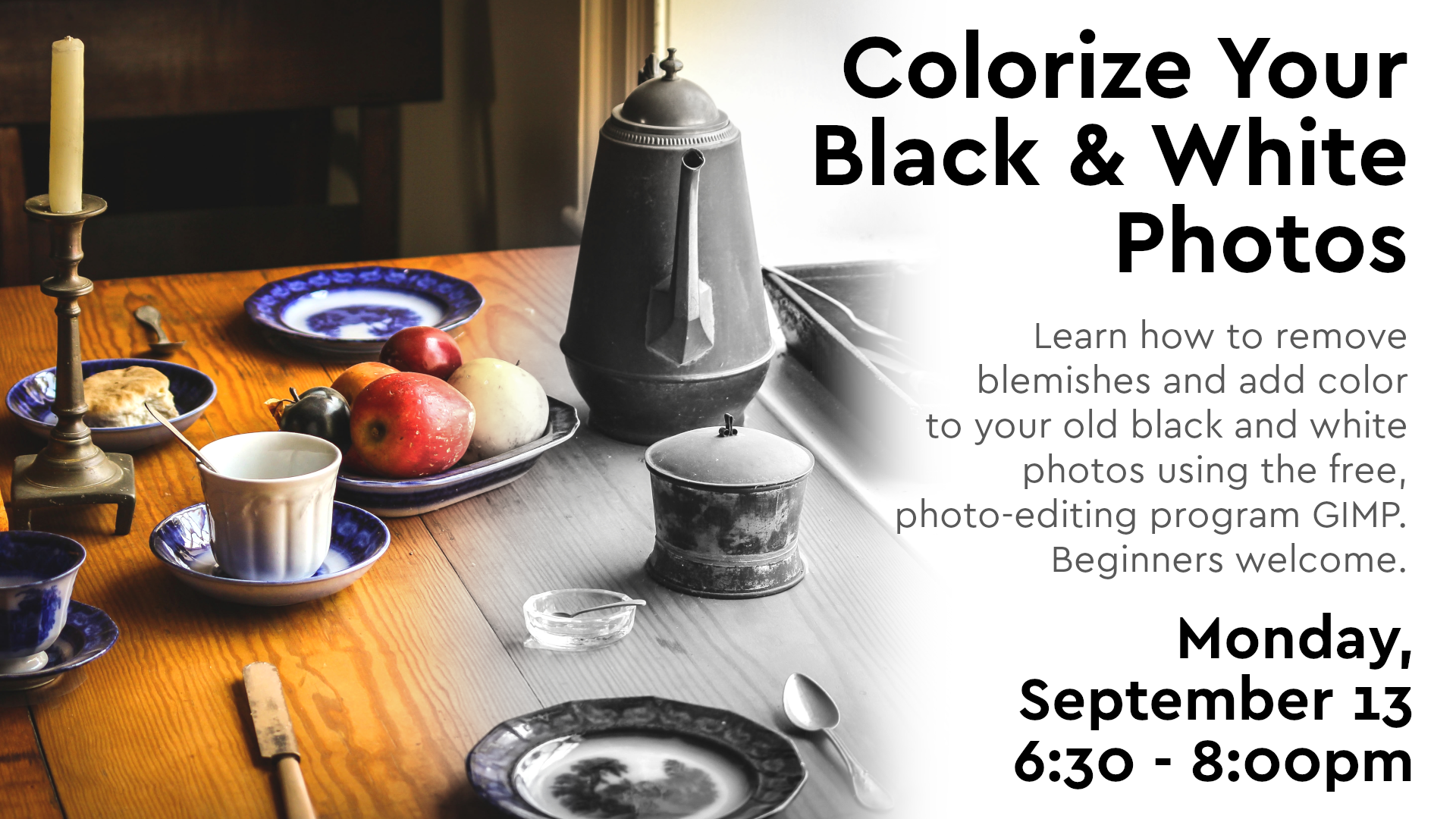 ONLINE: Colorize Your Black & White Photos with GIMP! | Sayville Library
